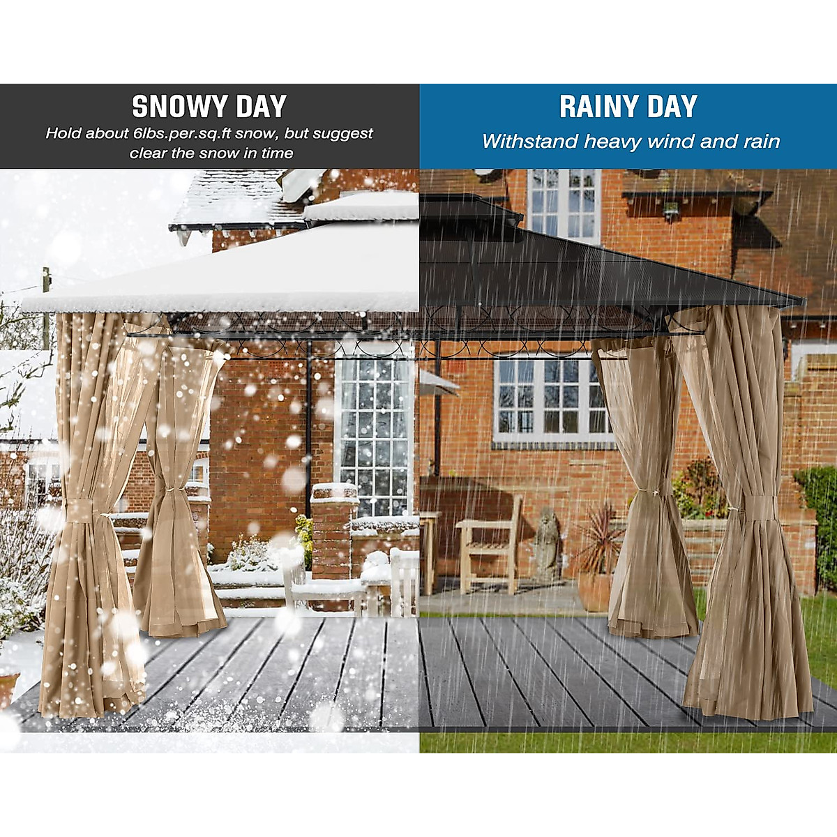 COOSHADE 10×10 Polycarbonate Roof Patio Gazebos Double Vent Waterproof Outdoor Gazebo with Curtains and Mosquito Netting (Dark Grey)