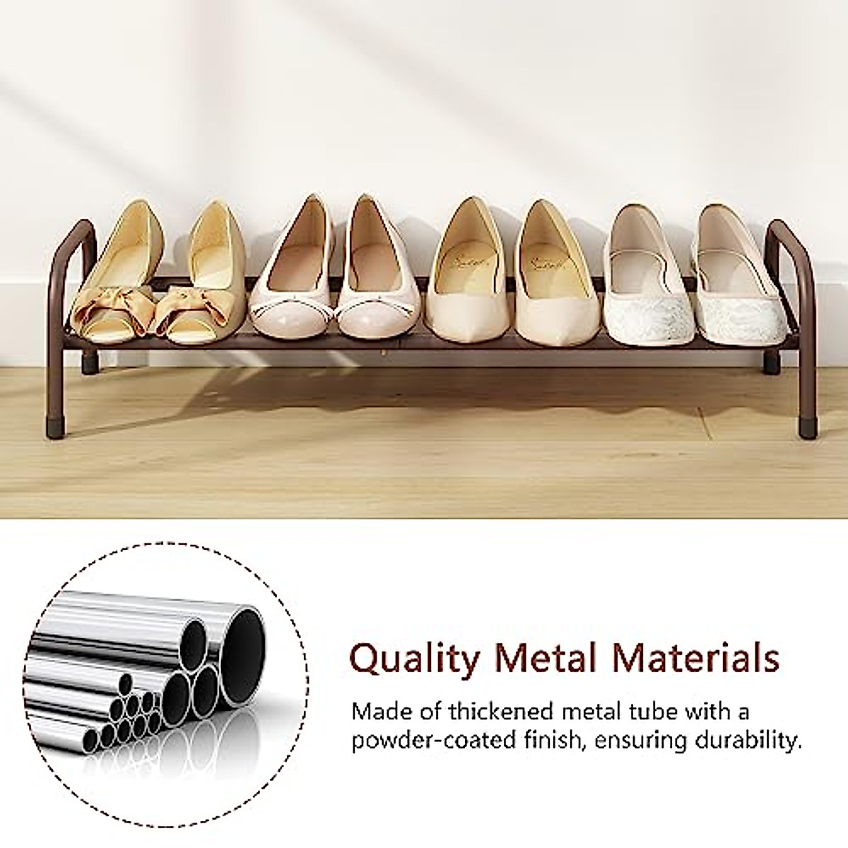 Gewudraw 1-Tier Shoe Rack Expandable, Width Adjustable Shoe Shelf Storage Organizer, 41.53'' Metal Standing Shoe Rack for Bedroom Entryway Closet, Holds up to 6 Pairs Shoes, Brown