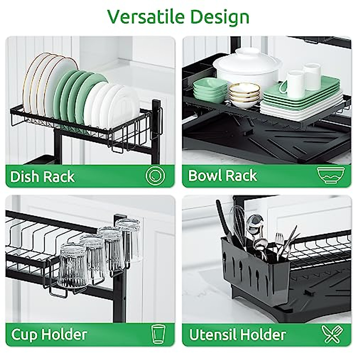 KOOTETA Dish Drying Rack, 2-Tier Dish Rack for Kitchen Counter, Space Saving Kitchen Drying Rack, Dish Dryer Rack with Drainboard, Utensil Holder and Cup Holders, Black