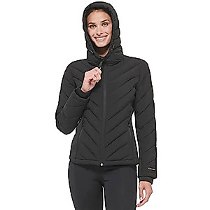 Calvin Klein Women's Scuba Side Panel and Sleeve Detail Adjustable Hood Zip PocketsPuffer, Black, X-Large