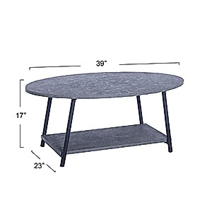 Household Essentials Jamestown Oval Coffee Table with Storage Shelf Rustic Slate Concrete and Black Metal, Grey