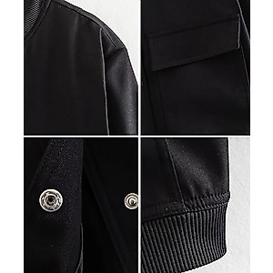 hathne Women's Cropped Bomber Jacket Button Up Casual Streetwear Bomber Jacket Coat with Pocket(L black)