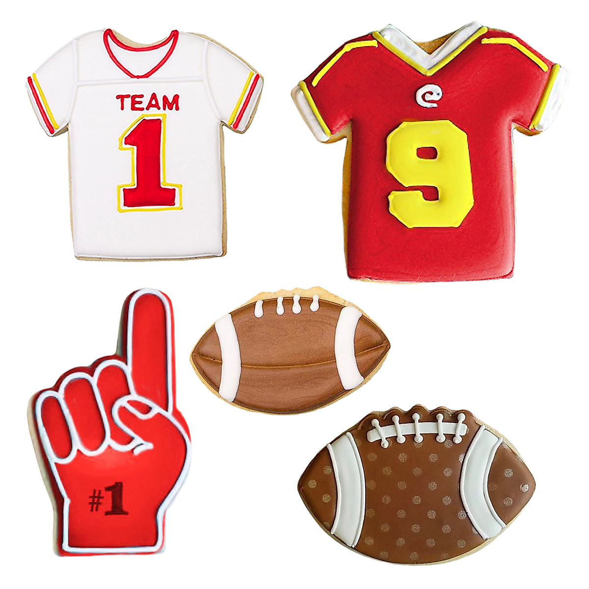Football Cookie Cutters 5-Pc. Set Made in the USA by Ann Clark, Fan Hand, Large Football, Small Football, Large T-shirt/Jersey, Small T-shirt/Jersey