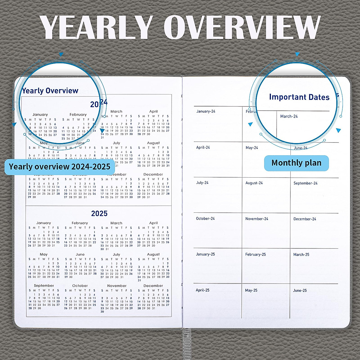 2024-2025 Leather Planner Weekly and Monthly,18 Months Calendar book,2024 Academic Planner From Jan. 2024 - Jun. 2025,2024 Appointment Book,Daily Agenda,Yearly Teachers Planner(5.7 X 8.3" Grey)