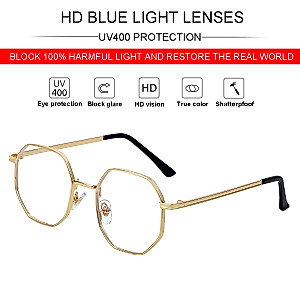 JOVAKIT Polygon Blue Light Blocking Glasses for Women Men Vintage Octagon Square Non-prescription Metal Eyeglasses (Gold)