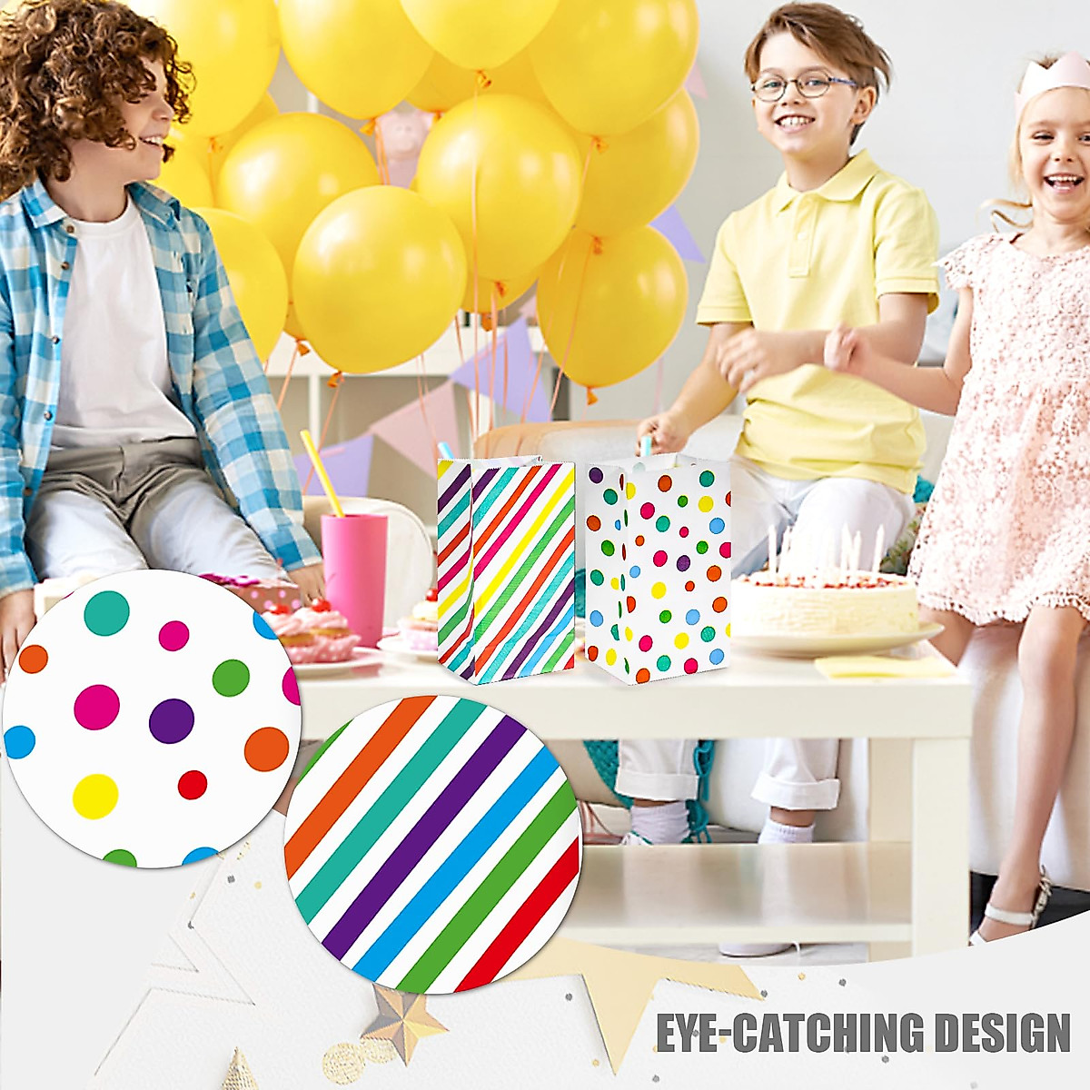 JOHOUSE 100PCS Party Favor Bags, Treat Bags with Stickers Colorful Stripe Dot Gift Bags for Kids Birthday Party Baby Showers 4.7" x 3.1" x 8.7"