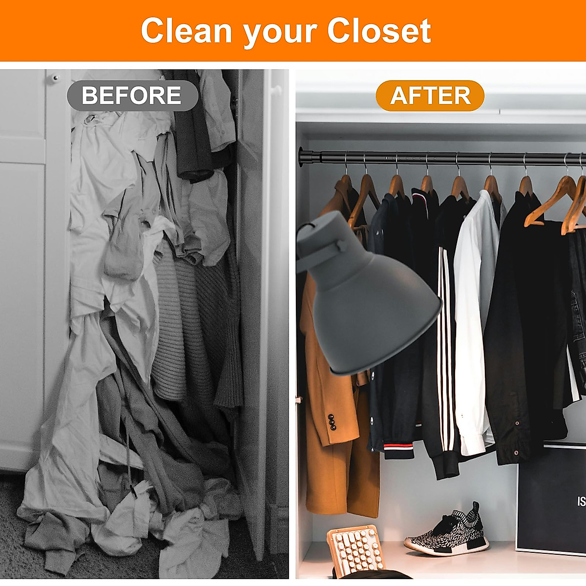 Closet Rod | 63-70 Inch Adjustable | 1.26 Inch Diameter | Heavy Duty Closet Rods for Hanging Clothes | Premium Metal Closet Poles for Closet, Wardrobes, Windows | Black