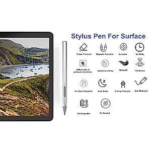 4096 Pressure Stylus Pen for Microsoft Surface Pro 9/8/7/6/5/4/3/X Surface Laptop Book Studio Surface 3/Go3/Go2/Go Pen Protocol, Magnetic Hold, Erase Copy Paste+Tilt&Palm Rejection Function (Silver)