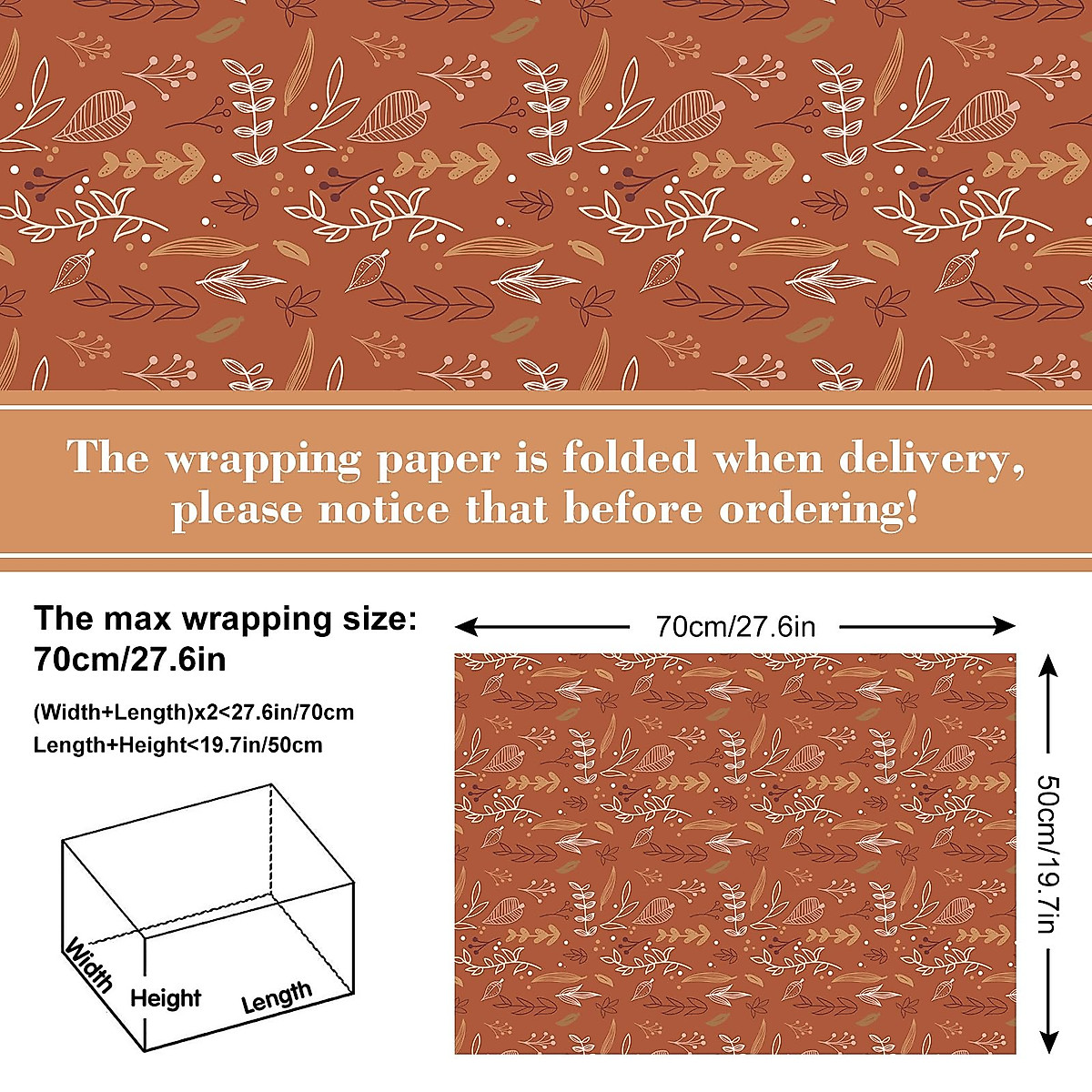 Whaline 12 Sheet Boho Fall Wrapping Paper 6 Style Maple leaf Stripes Pattern Packaging Paper Folded Flat DIY Art Craft Paper for Autumn Holiday Birthday Wedding Baby Shower, 19.7 x 27.6 Inch