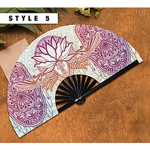 Bohemian Lotus Zen UV Glow Folding Hand Fan Boho Mandala Fan Trippy Yoga Fans Iridescent Hippie Theme Fan for Men and Women Chinese Bamboo Fan for Parties and Events
