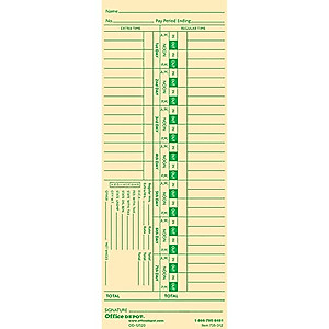 Office Depot Time Cards with Deductions, Weekly, Days 1-7, 1-Sided, 3 3/8in. x 8 7/8in., Manila, Pack of 100, GB-735312