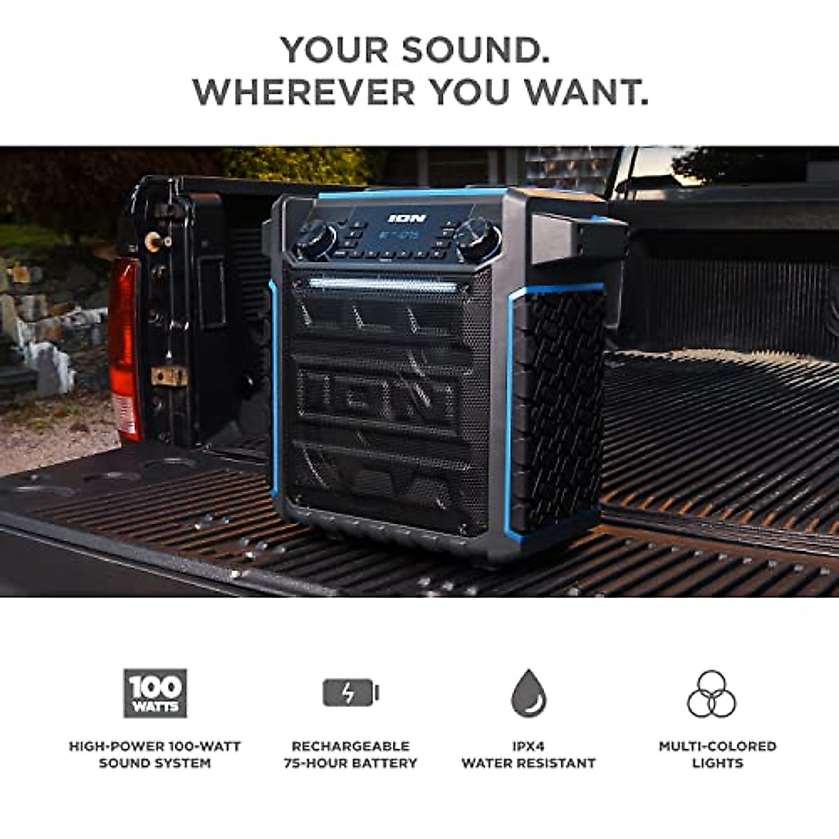 ION Audio Pickup - 100W Water-Resistant Bluetooth Outdoor Speaker with Rechargeable Battery, Karaoke Microphone, Radio, Wheels, Handle & USB Charging