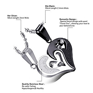 Cupimatch 2-Piece Stainless Steel Couple Necklace Rhinestone I Love You Heart Puzzle Matching Pendant with Chain