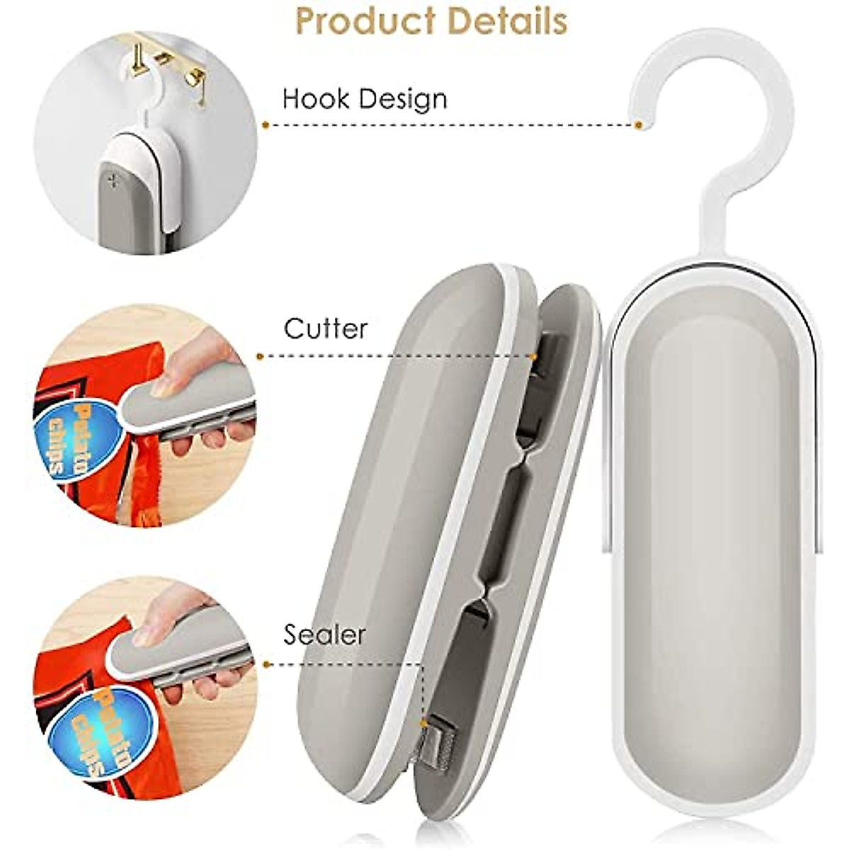 Mini Bag Sealer, Portable Sealing Bags Machine, Handheld Heat Food Vacuum Sealer Machine with Cutter and Hook for Snack, Plastic Bags, Storage, Potato Chip Cookie Bags (Grey 2PCS)