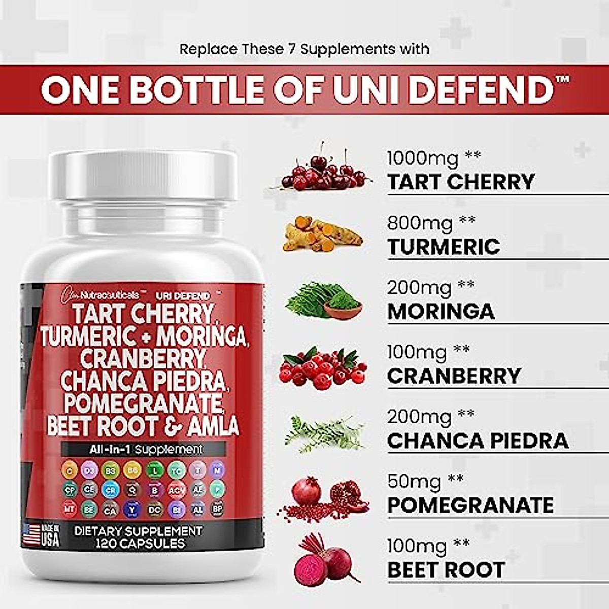 Tart Cherry Extract Capsules 20,000mg with Turmeric 8000mg Moringa 4000mg Cranberry 2000mg Chanca Piedra Celery Quercetin Beet Root ACV Pomegranate L Selenomethionine - Uric Levels - 120 Ct USA