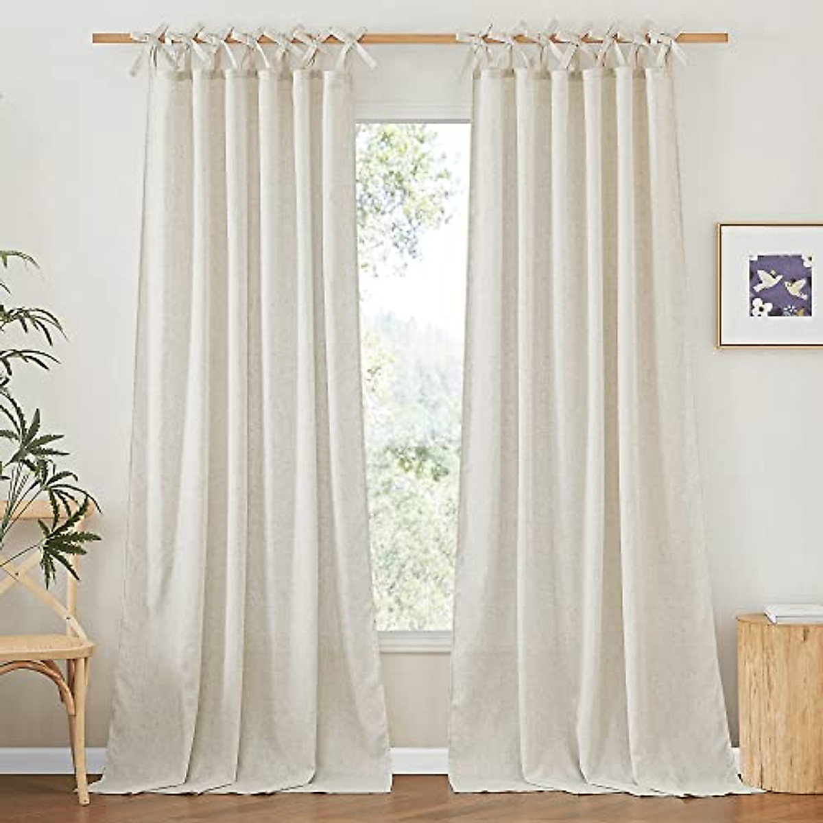 NICETOWN Thick Linen Curtains 84 inch Length 2 Panels Set, Tie Top Light Filtering Curtains Semitransparent Linen Burlap Drapes Privacy for Bedroom/Princess Room, W52 x L84, Natural
