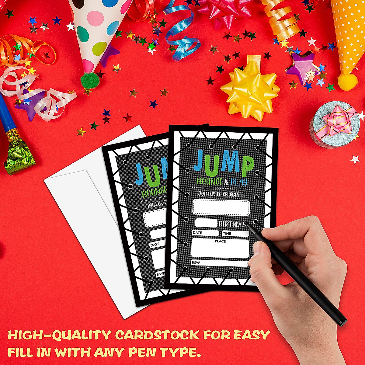 Jump Birthday Party Invitation, Bounce House Themed Fill-In Invites, 20 Invitations With Envelopes for Adults Men & Women (4" X 6"), Trampoline Party Favors Decorations and Supplies -44