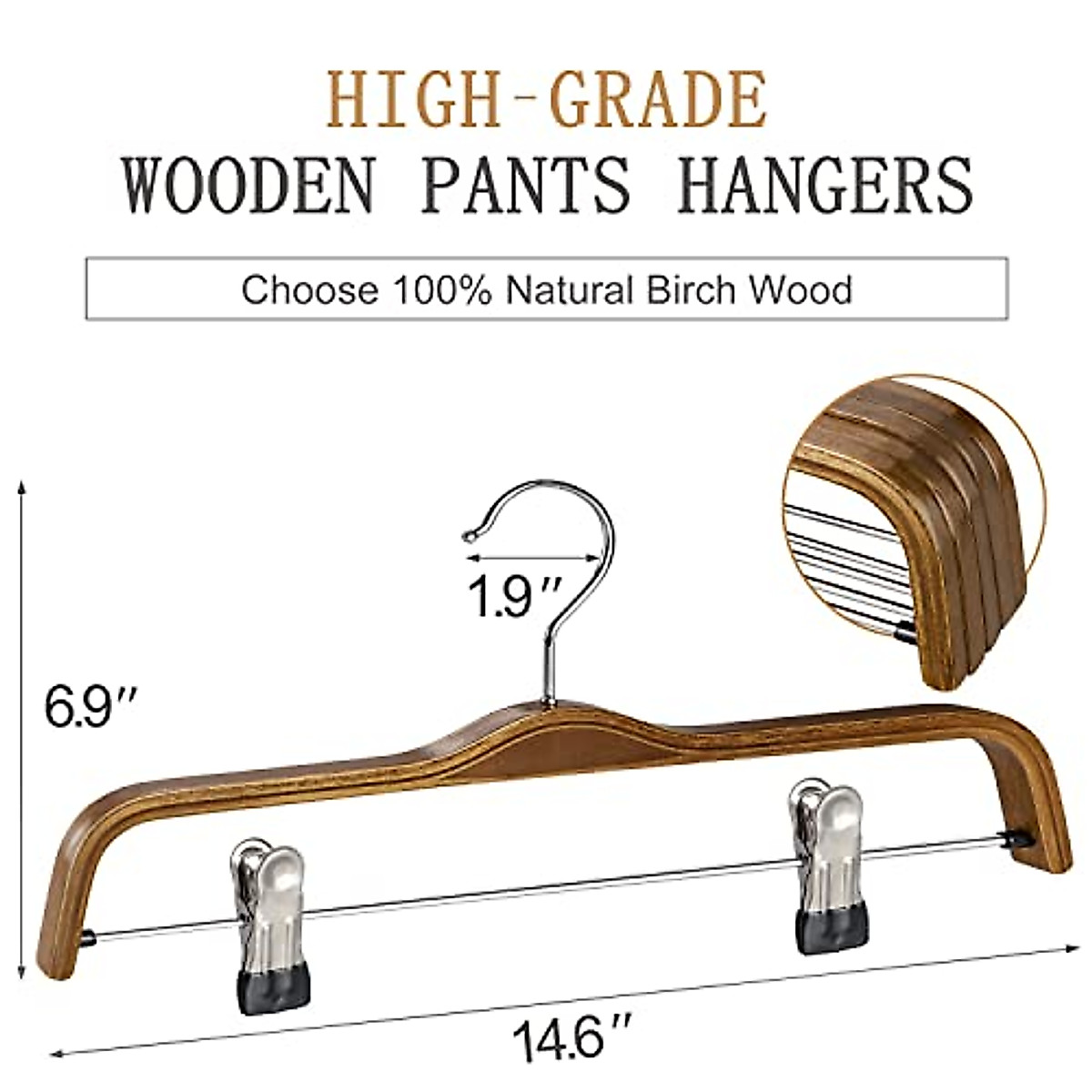 TOPIA HANGER Wooden Pants Hangers,Slim Natural Wood Skirt Hangers with Anti-Rust Hook and Adjustable Metal Clips, Perfect for Skirts,Pants,Slacks-10 Pack-CT17A