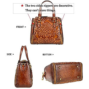 Crossbody Bag for Women Leather Top Handle Tote Purses Vintage Satchels Handbag (Flower Pattern- Brown)