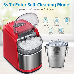 LHRIVER Countertop Ice Maker, 26Lbs/24H Portable Ice Maker with Self-Cleaning Function, 2 Size Optional, Compact Ice Machine for Home/Office/Bar (Black and Red)