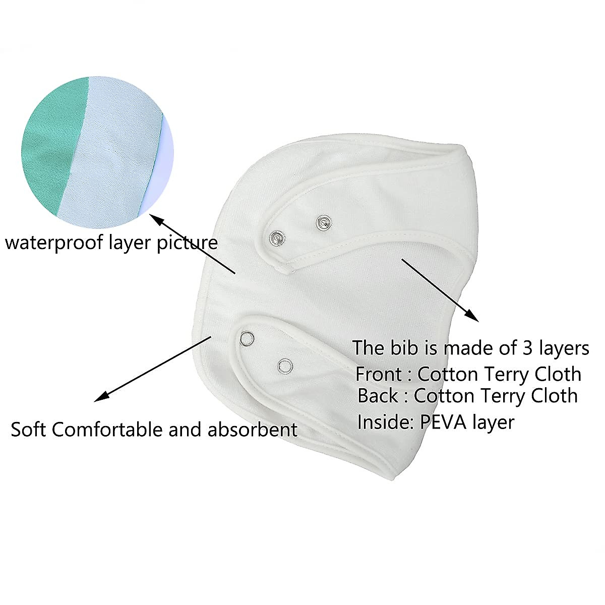 Maiwa White Terry cloth Waterproof 7 Pack baby bibs with Snaps for boy girl unisex, drool,eating and teething bibs