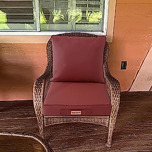 Faible Poisson Outdoor Chair Cushions, 20 x 20 Inch Waterproof Patio Furniture Back & Deep Seat Cushion Set with Handle and Anti-Slip Straps for Indoor Garden Camping, Plain Brick Red