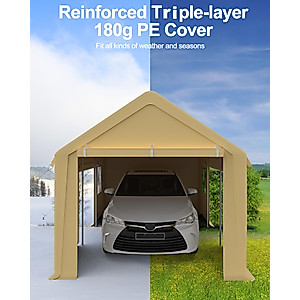 DEXSO Carport 10'x20' Heavy Duty Canopy, 1.0 mm Steel Poles & 14 mil PE Tarp, with Front & Rear Doors, 2 Side Doors, and 4 Windows Screen, Portable Garage for Pickup Truck, and Boat, Khaki