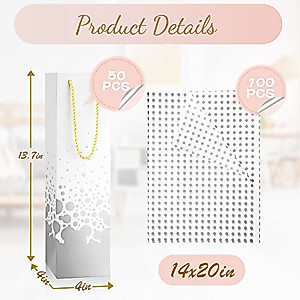 50 Pack Wine Gift Bags for Weddings, Paper Bottle Gift Bags Wrap Bag Wine Gift Bag with 100 Pieces Polka Dot Tissue Paper for Graduations Weddings New Years Birthday Party, 4 x 4 x 13.75 Inch (Silver)
