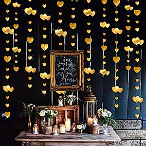 52Ft Gold Heart Garlands Golden Hanging Banner Streamer for Anniversary Mothers Day Valentines Day Engagement Wedding Bridal Shower Baby Shower Bachelorette Hen Birthday Party Decorations Supplies