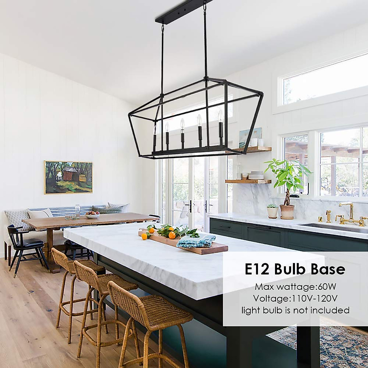 Untrammelife 5-Light Linear Pendant Light Fixture, Kitchen Island Lantern Pendant Lighting, Linear Chandelier with Adjustable Height in Coal Black Finish