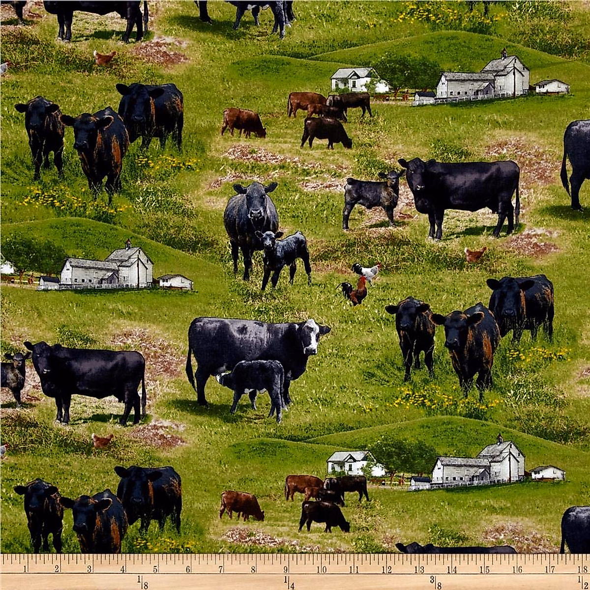 Farm Animals Cows Green, Fabric by the Yard