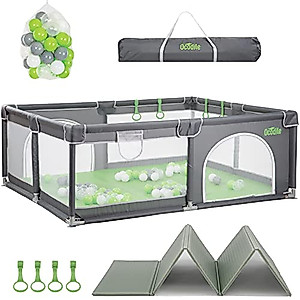 Ocodile Baby Playpen with Mat - Extra Large Play Yard with Mesh Sides for Your Toddler - 50 Balls and 4 Rings Gray