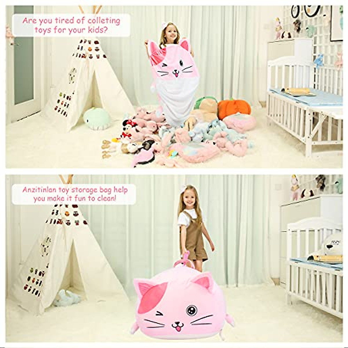 Anzitinlan Cute Cat Bean Bag Chair for Kids, Pink Stuffed Animal Storage Beanbag Chairs for Girls Room Decor, Extra Large Size, Velvet Super Soft Cover Only