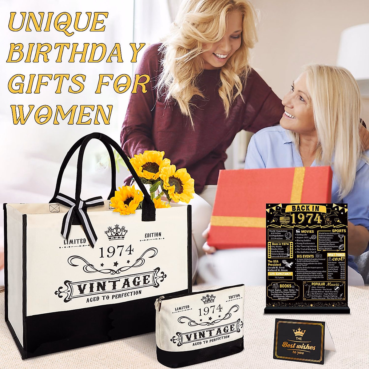 50th Birthday Gifts for Women Canvas Tote Bag Travel Gear, Unique 50 Years Old Gifts for Wife Sister Mom Aunt Friends Her Turning 50, Vintage 1974 Beach Bag & Cosmetic Bag & Back in 1974 Poster