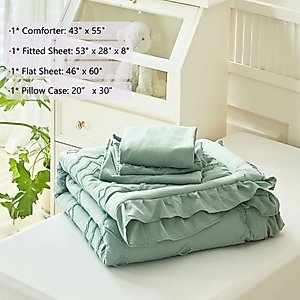 AIKASY Toddler Bedding Set 4 Pieces Super Soft Comforter Set, Shabby Boho Bohemian Design for Boys and Girls（Ruffle Fringe Comforter, Flat Sheet, Fitted Sheet and Pillowcase）- Green