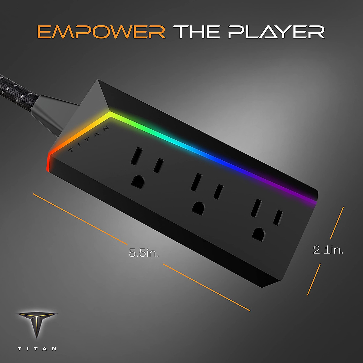 Titan 3-Outlet Power Strip, 4 ft Braided Extension Cord, LED Light Strip with Full Spectrum Color-Select, Compatible with Power Gaming PC, Laptop, Computer Setup, PS4, PS5, Xbox, Black, 60046