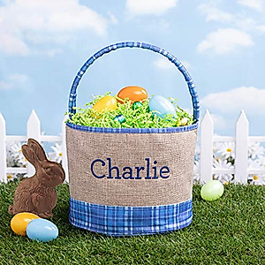 Personalized Easter Bucket Bag with Custom Name | Blue Plaid Burlap Easter Bag with Handle | Egg Basket for Kids | Customized Easter Basket | Great for Book and Toy Storage