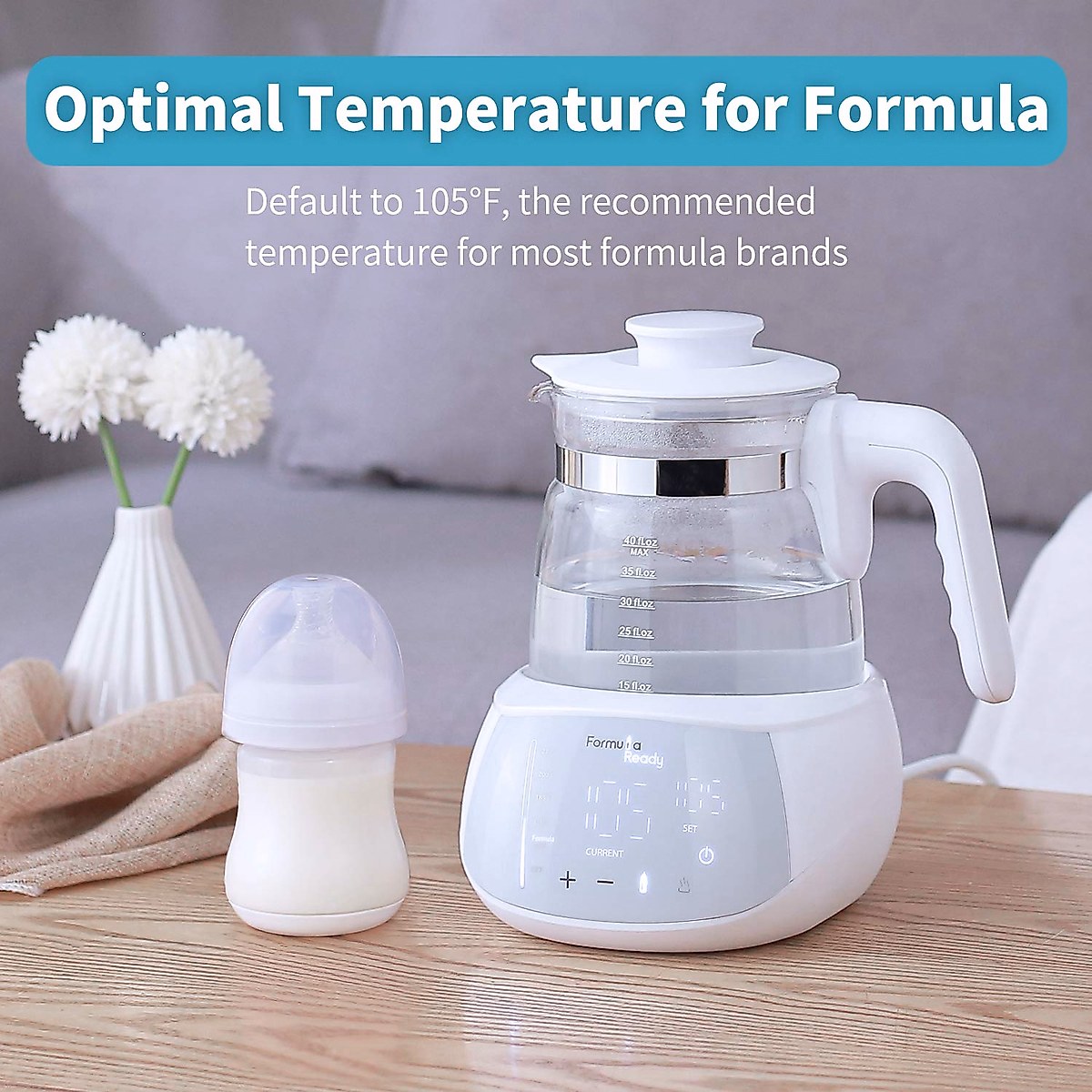 Formula Ready Baby Water Kettle- One Button Boil Cool Down and Keep Warm at Perfect Temperature 24/7 - Dispense Water Instantly- Replace Traditional Bottle Warmer