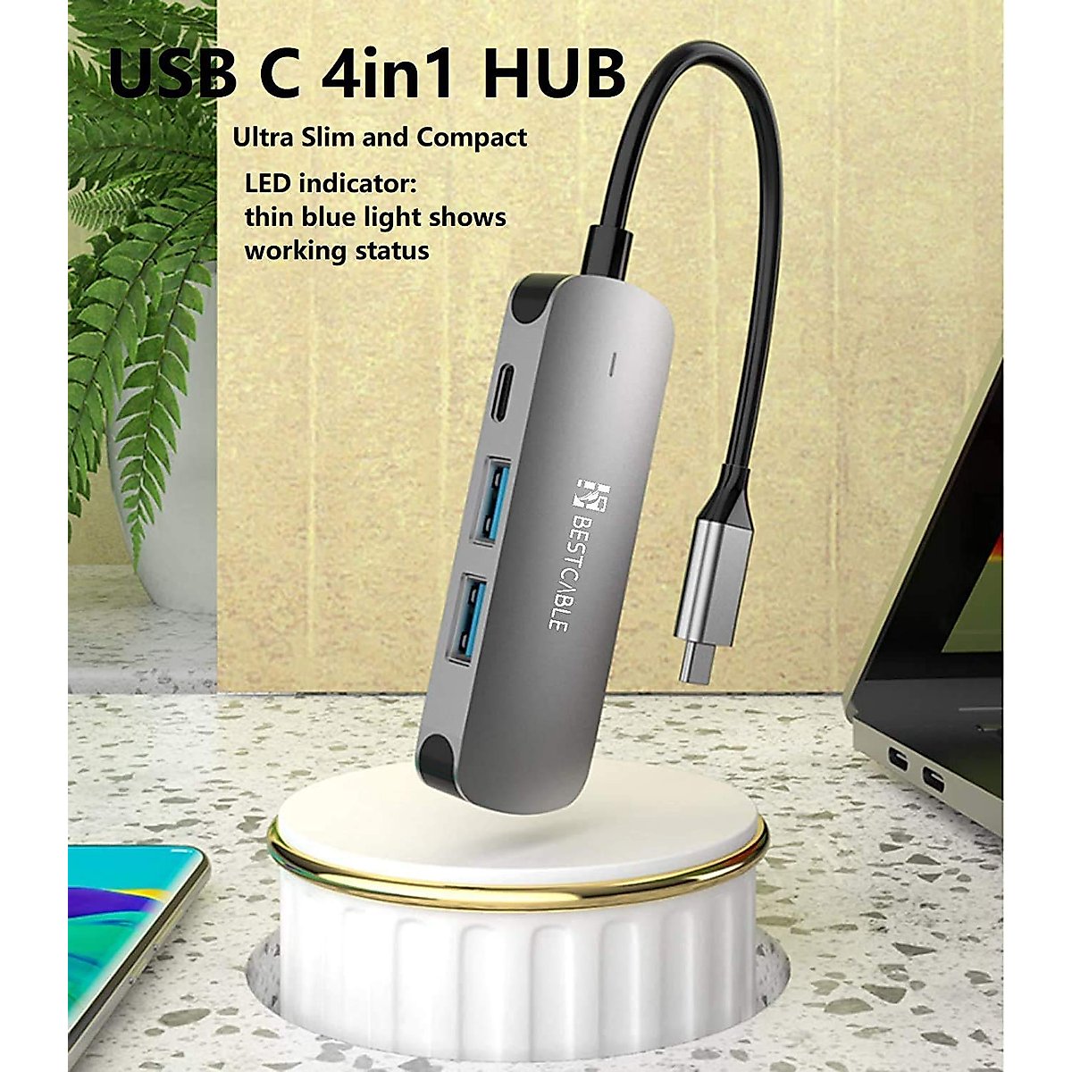 USB C Hub, BEST CABLE 4-in-1 USB C Hub Adapter - USB C to HDMI 4K@30Hz,USB C Charging Port,USB3.0, USB 2.0, Compatible with MacBook Pro/Air, Pro,Galaxy,Pixelbook and More USB C 3.1 Devices