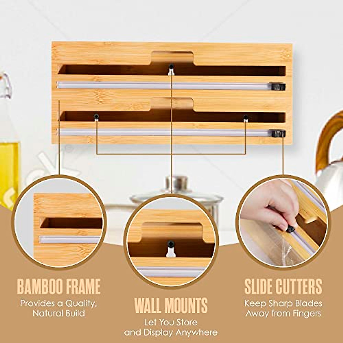 Plastic Wrap Dispenser with Cutter, Aluminum Foil Organizer, Two in One Roll Holder, 13.5"x5.75"x3", Wooden, Bamboo, Reusable, Saran Wrapper Dock, Wax Paper Dispensers for Kitchen Drawer | Houseables