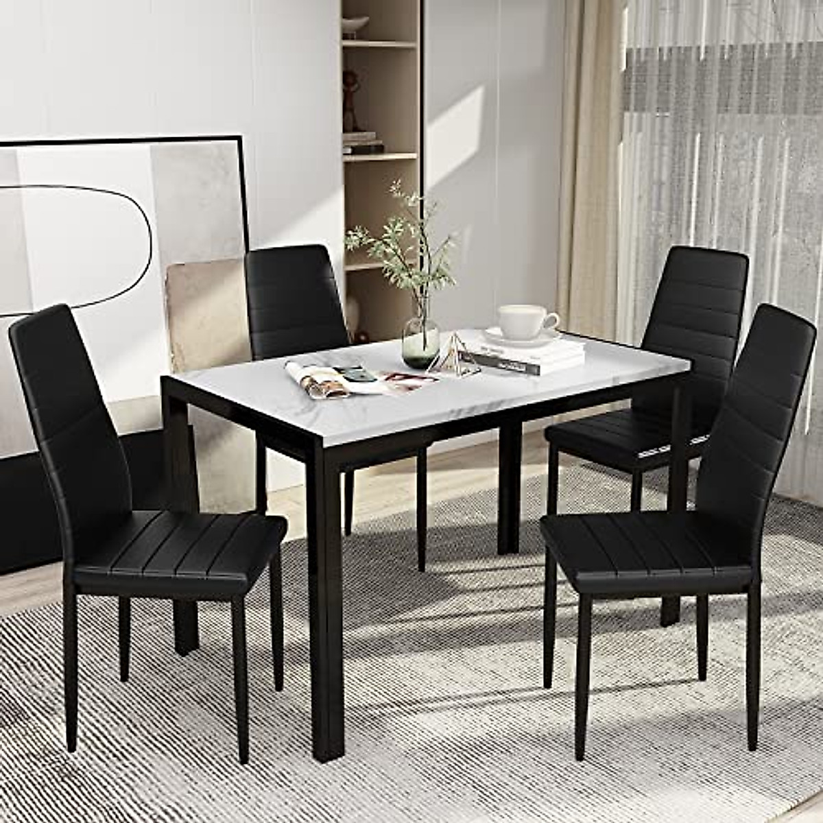 AWQM Marble Dining Table Set for 4, Rectangular Faux Marble Table and 4 PU Leather Chairs, 5 Pieces Kitchen Table Set,Ideal for Living Room, Dining Room,Breakfast Nook, White&Black