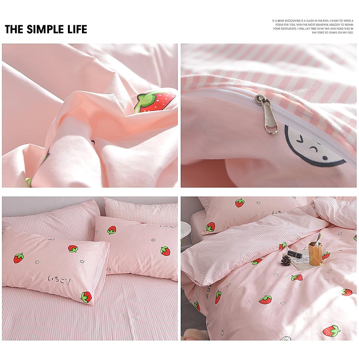 EAVD Kawaii Strawberry Duvet Cover Queen Pink Soft 100% Cotton Cute Strawberry bedding Set for Girls/boys Women Japanese Strawberry Comforter Set Full Aesthetic bedding Set(NO Comforter)