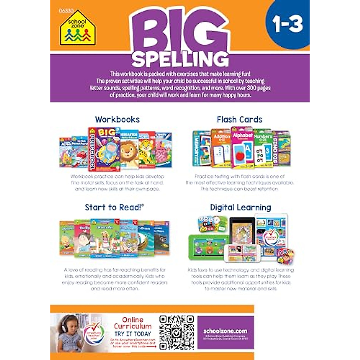 School Zone - Big Spelling Grades 1-3 Workbook - 320 Pages, Ages 6 to 9, 1st Grade, 2nd Grade, 3rd Grade, Letter Sounds, Consonants, Vowels, Puzzles, Games, and More (School Zone Big Workbook Series)