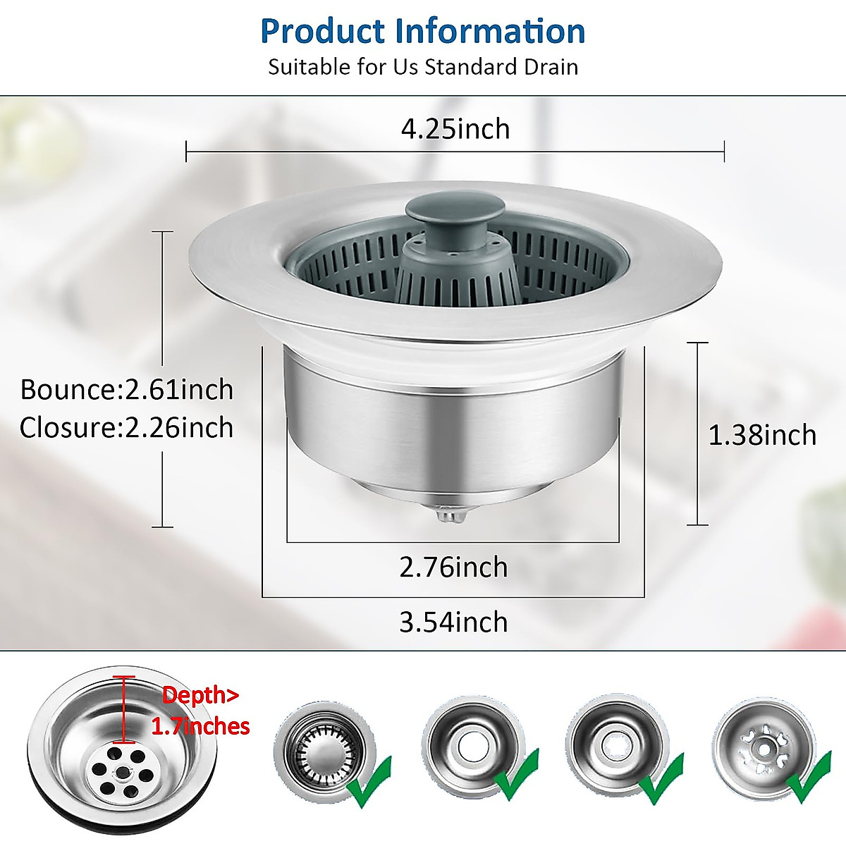 3 in 1 Kitchen Sink Drain Strainer and Stopper Combo, Stainless Steel Pop Up Sink Stopper with Anti-Clogging Basket Sink Strainer, Sink Bounce Core Drain Strainer for Standard 3-1/2 Inch Drain