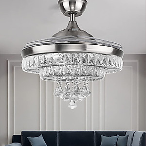 Fandian 42" Crystal Ceiling Fans Chandelier with Lights and Remote Control Retractable Blades,3 Color Changes, 3 Speeds, Ceiling Fixture for Home Decoration Living Room Bedroom