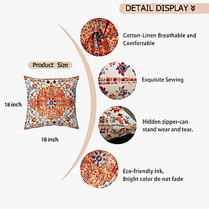 chiinvent Boho Pillows Covers 18x18 Inch Set of 2 Bohemian Vintage Rust Carpet Pattern Throw Pillows Orange Blue Ethnic Floral Decorative Cotton Linen Cushion Cases for Outdoor Couch Sofa Living Room