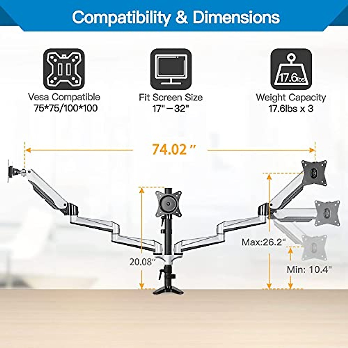 HUANUO Triple Monitor Stand - Full Motion Articulating Gas Spring Monitor Mount Fit Three 17 to 32 inch Flat/Curved LCD Computer Screens with Clamp, Grommet Kit, Silver