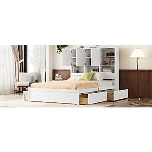 GM Ultra Queen Size Bed Frame with Storage Headboard, Bed Frame Queen Size with 4 Storage Drawers Cabinet, Platform Bed Frame Queen Size with Cabinet, No Box Spring Needed, Easy Assembly, White