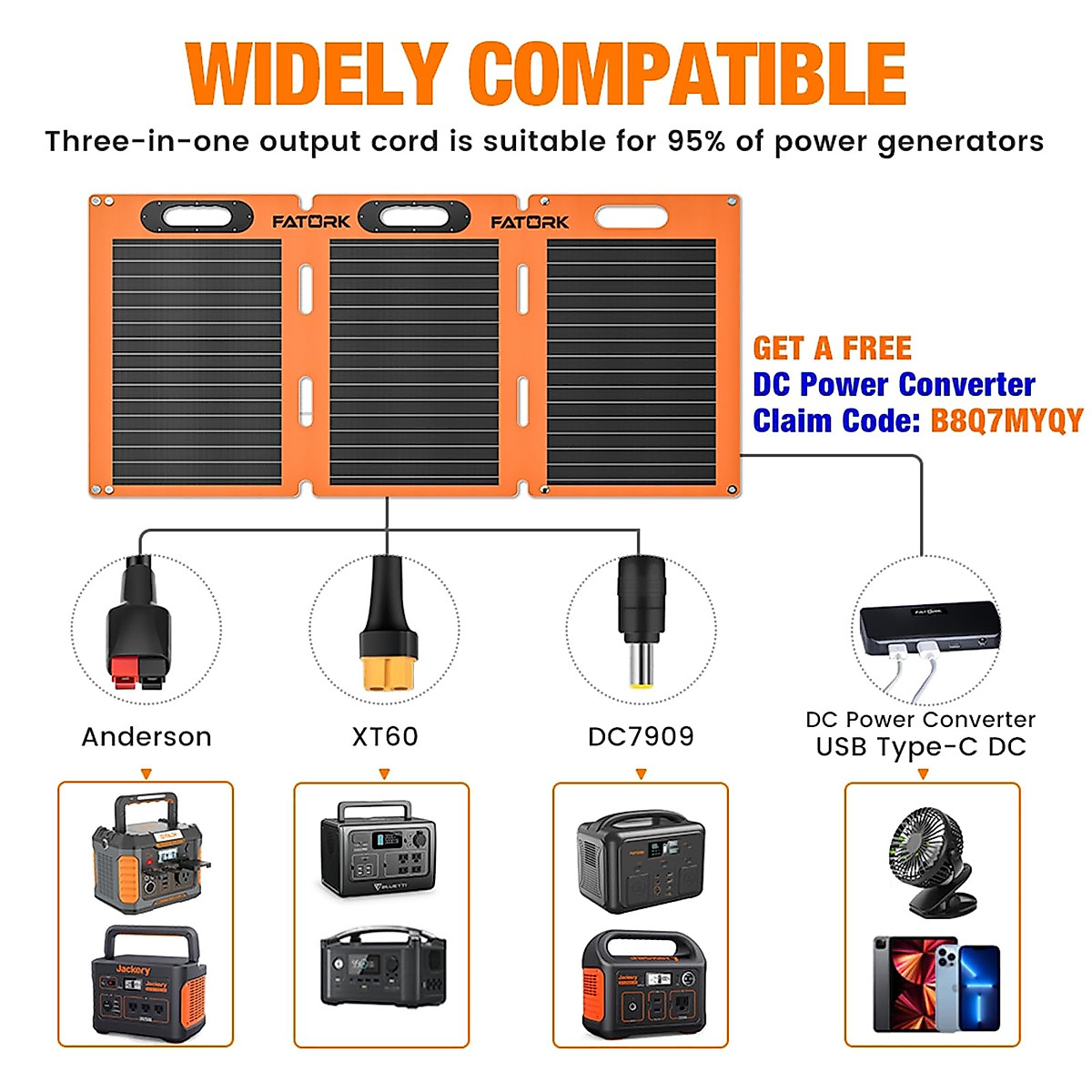 100W Solar Panels, FATORK Portable Solar Panel Kit Foldable 3-in-1 Output Cords Solar Panel Charger with Adjustable Foot Pedal for Homes, Camping, RV, Fishing