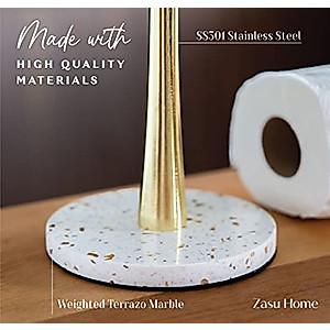 Zasu Marble Paper Towel Holder Gold Countertop, Kitchen, Toilet, Pantry and Bathroom Standing Paper Towel Roll Holders with Marble Base for Standard or Jumbo-Sized Roll Holder (Gold/Marble)